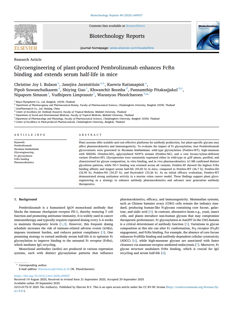 Glycoengineering of plant-produced Pembrolizumab enhances FcRn binding ...
